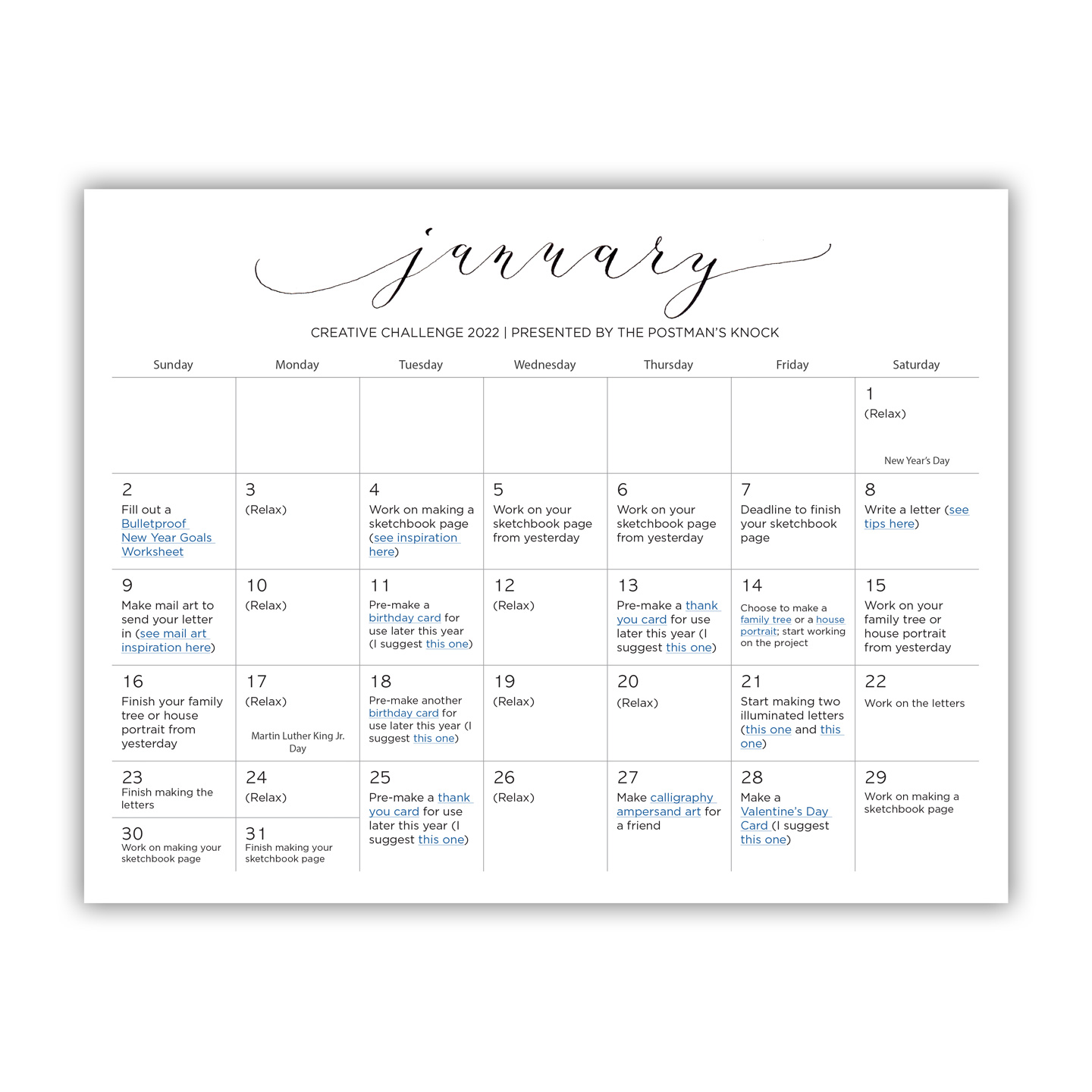 January "Creative Challenge" 2022 Calendar – The Postman's Knock